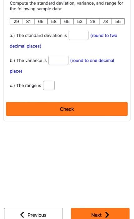 Solved Compute the standard deviation, variance, and range | Chegg.com