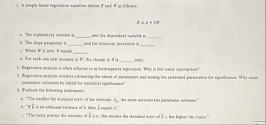Solved A simple linear regression equation relates R ﻿and W | Chegg.com