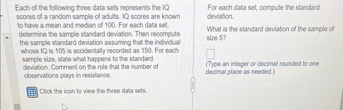 Solved Each of the following three data sets represents the | Chegg.com