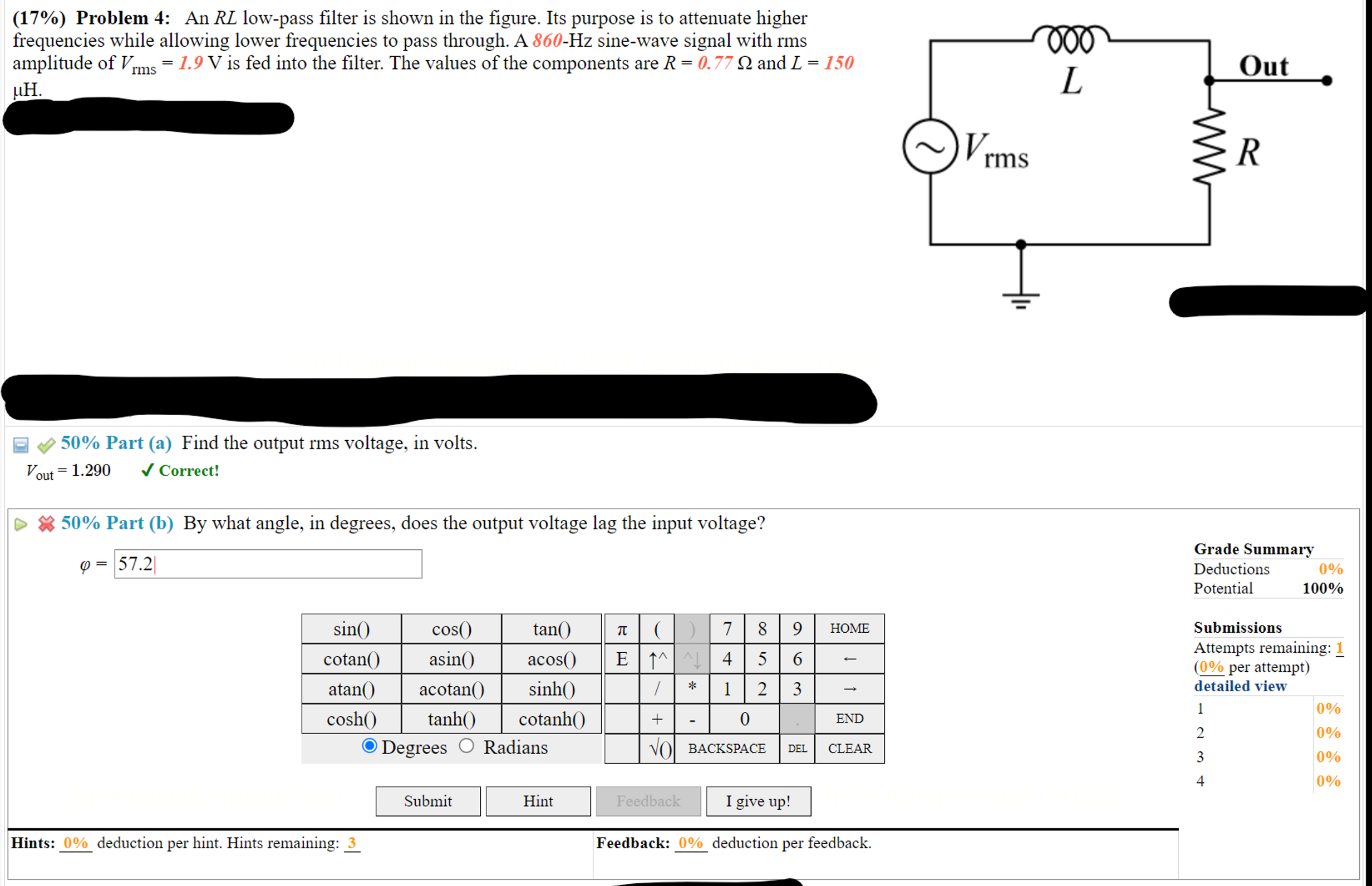 Solved (17%) ﻿Problem 4: An RL ﻿low-pass filter is shown in | Chegg.com