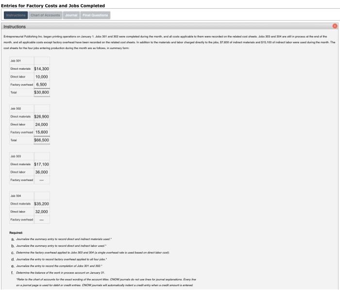 Entries for Factory Costs and Jobs Completed | Chegg.com