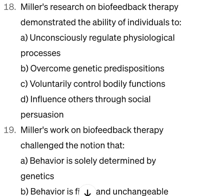 Solved Miller's research on biofeedback therapy demonstrated | Chegg.com