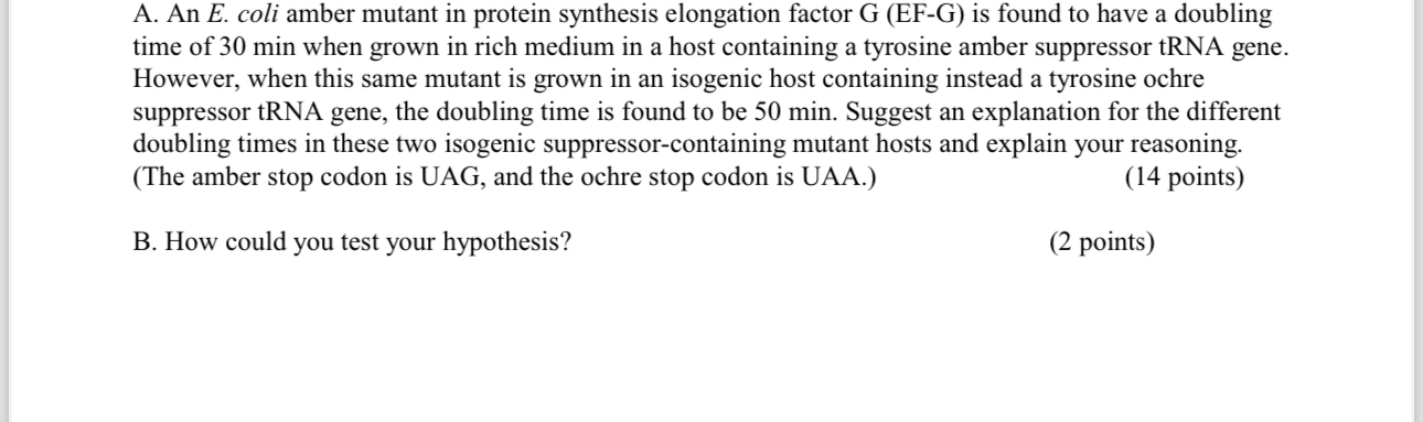 Solved A. ﻿An E. ﻿coli amber mutant in protein synthesis | Chegg.com