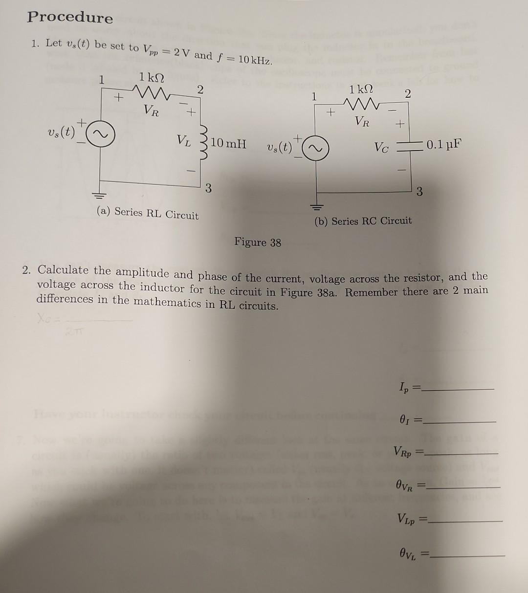 Solved Procedure 1. Let vs(t) be set to Vpp = 2 V and f = 10 | Chegg.com