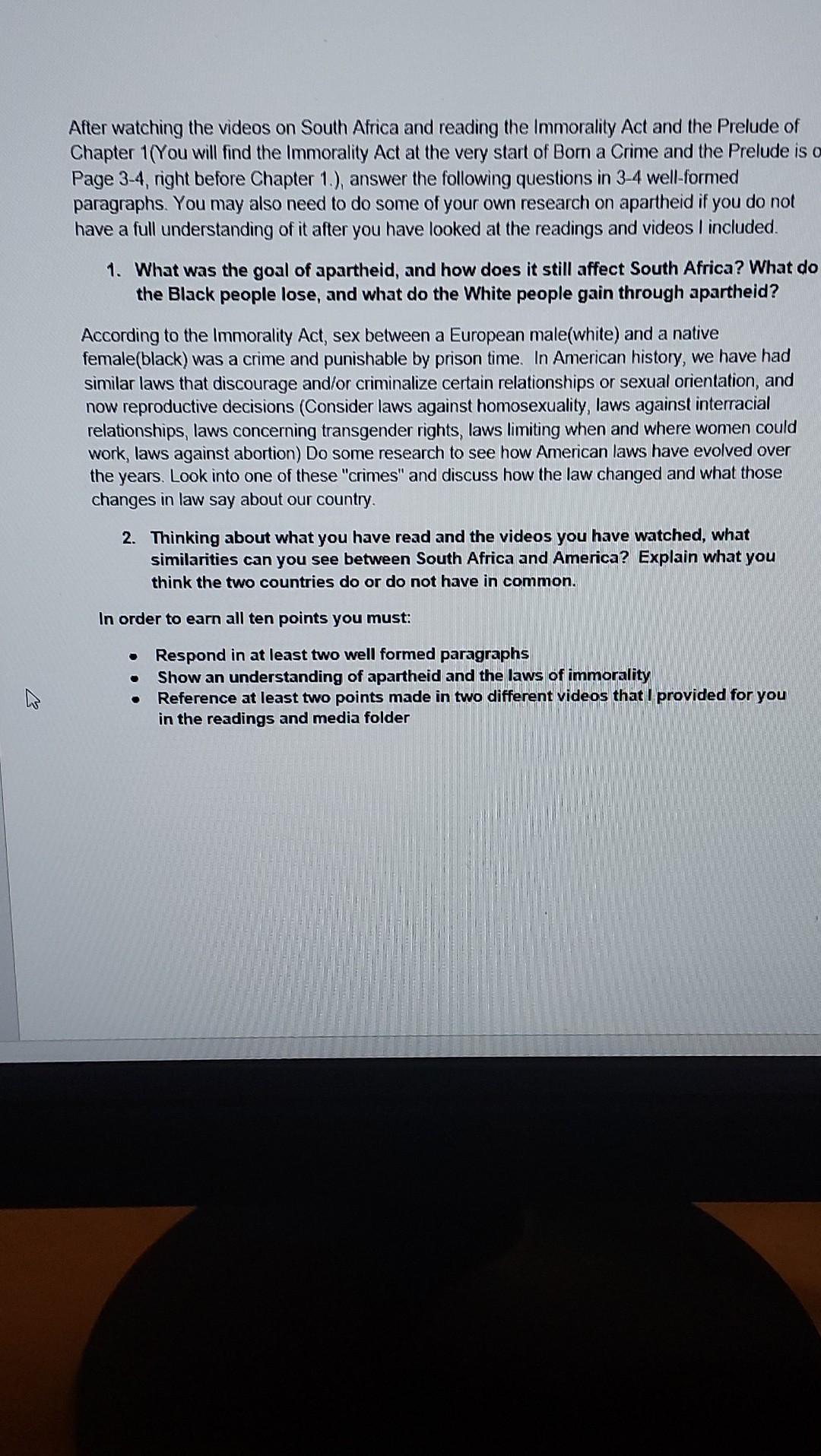 Solved After watching the videos on South Africa and reading | Chegg.com