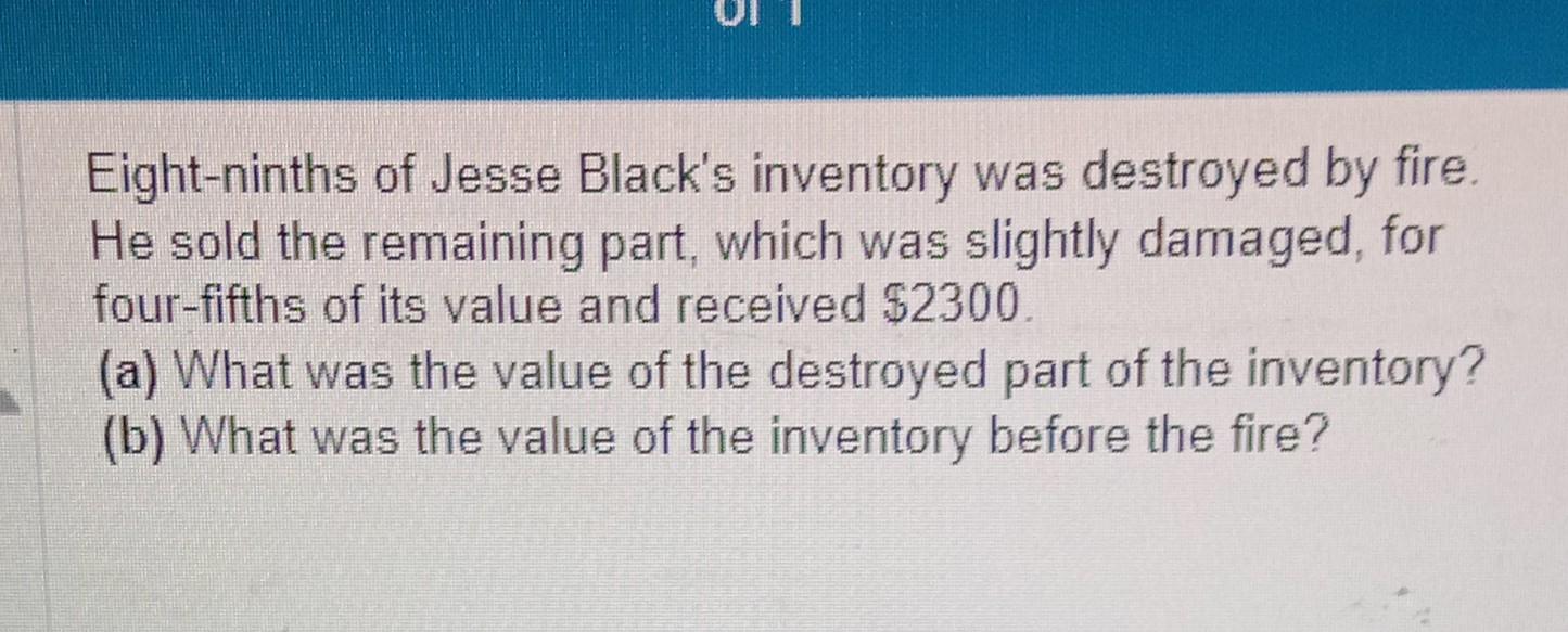 Solved Eight-ninths of Jesse Black's inventory was destroyed | Chegg.com
