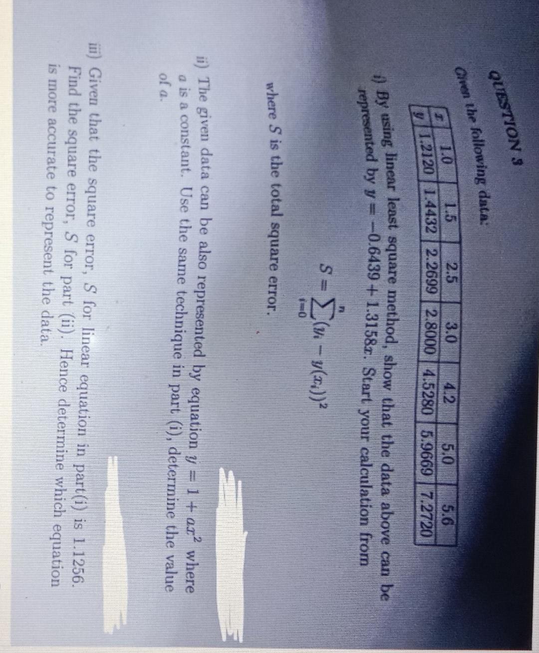 Solved Given the following data: i) By using linear least | Chegg.com