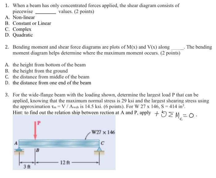 Solved 1. When a beam has only concentrated forces applied, | Chegg.com