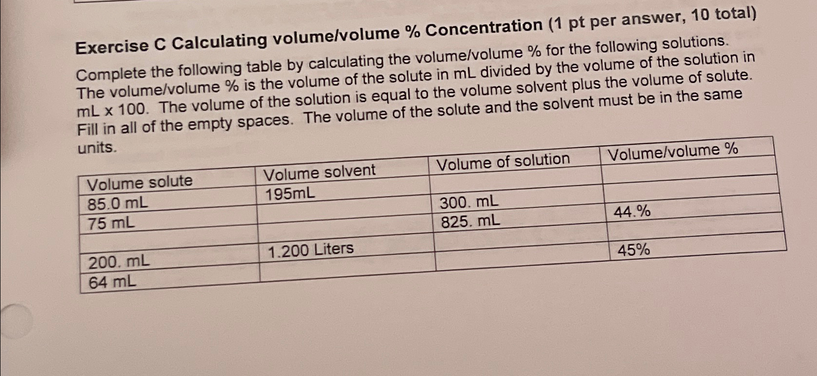 Exercise C Calculating Volume Volume ﻿concentration