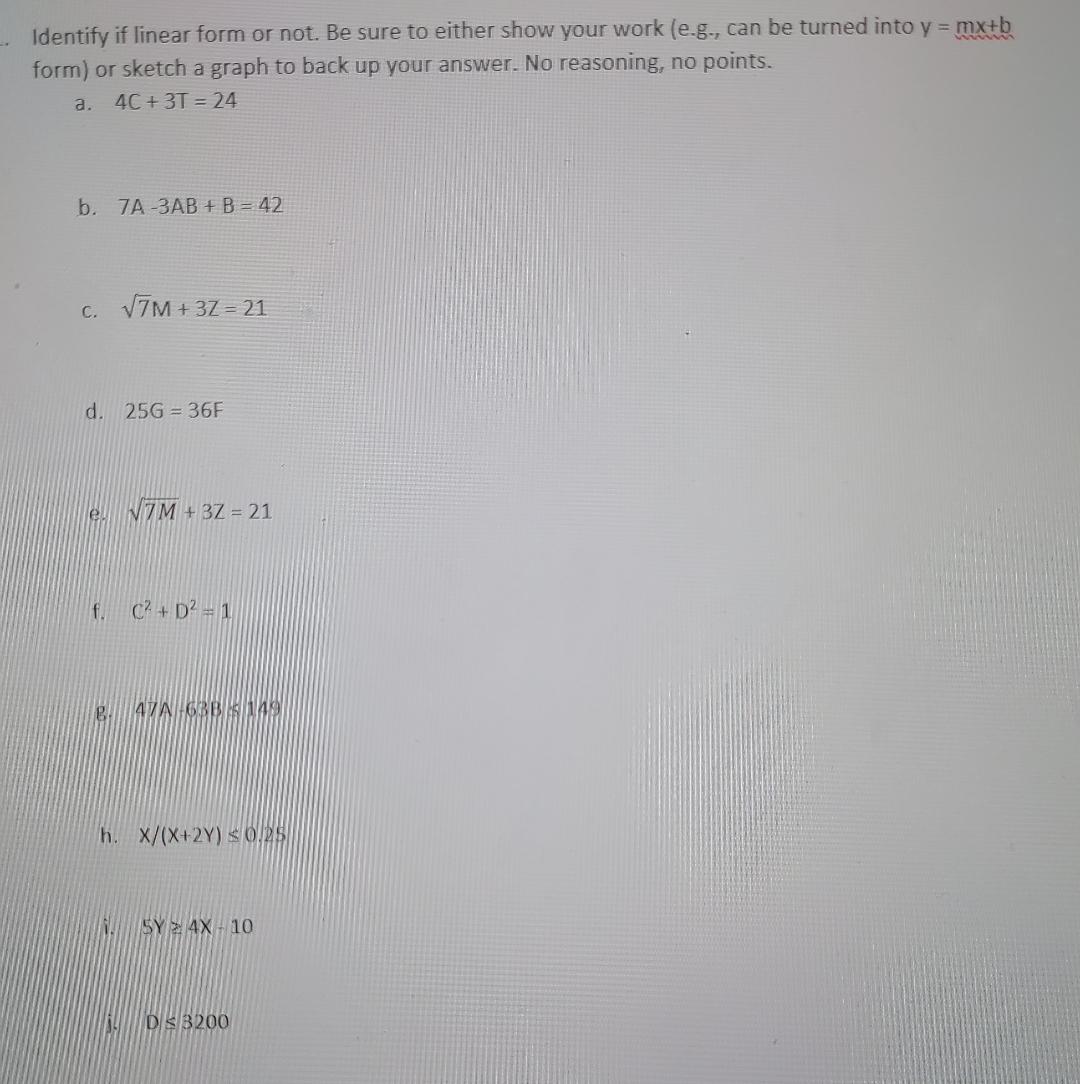 Solved Identify if linear form or not. Be sure to either | Chegg.com