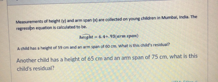Solved Measurements of height (y) and arm span (x) are | Chegg.com