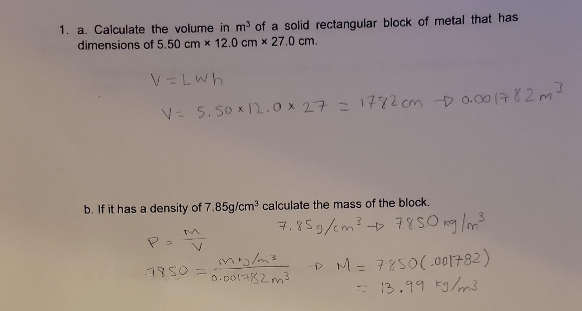 Solved 1. a. Calculate the volume in m3 of a solid | Chegg.com