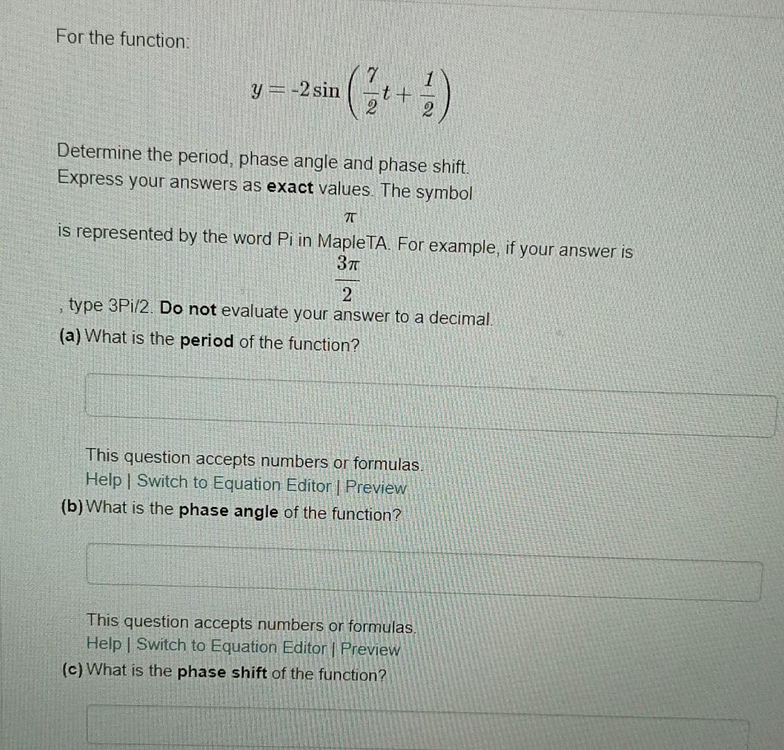Solved For the function: y=−2sin(27t+21) Determine the | Chegg.com
