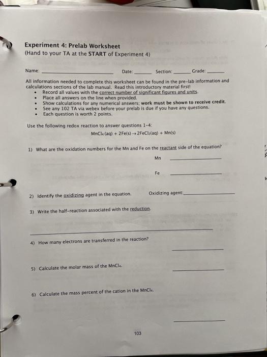 Solved Experiment 4: Prelab Worksheet (Hand to your TA at | Chegg.com