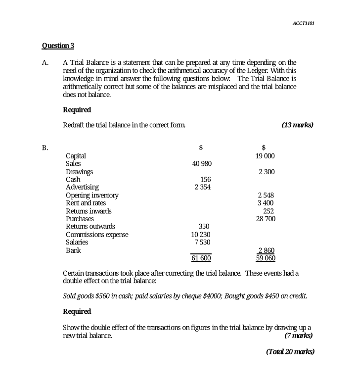 Solved ACCT1101 Question 3 A. A Trial Balance is a statement | Chegg.com