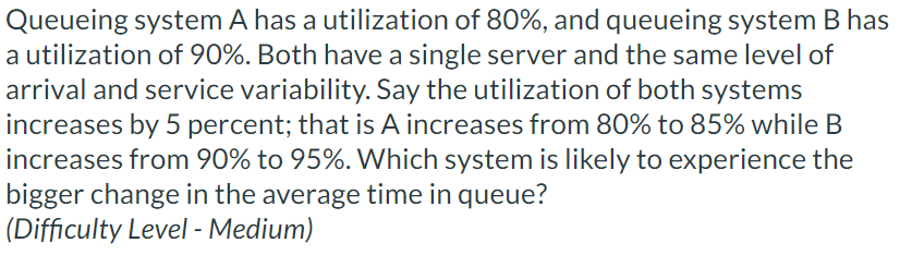 Solved Queueing system \( ﻿A \) ﻿has a utilization of | Chegg.com