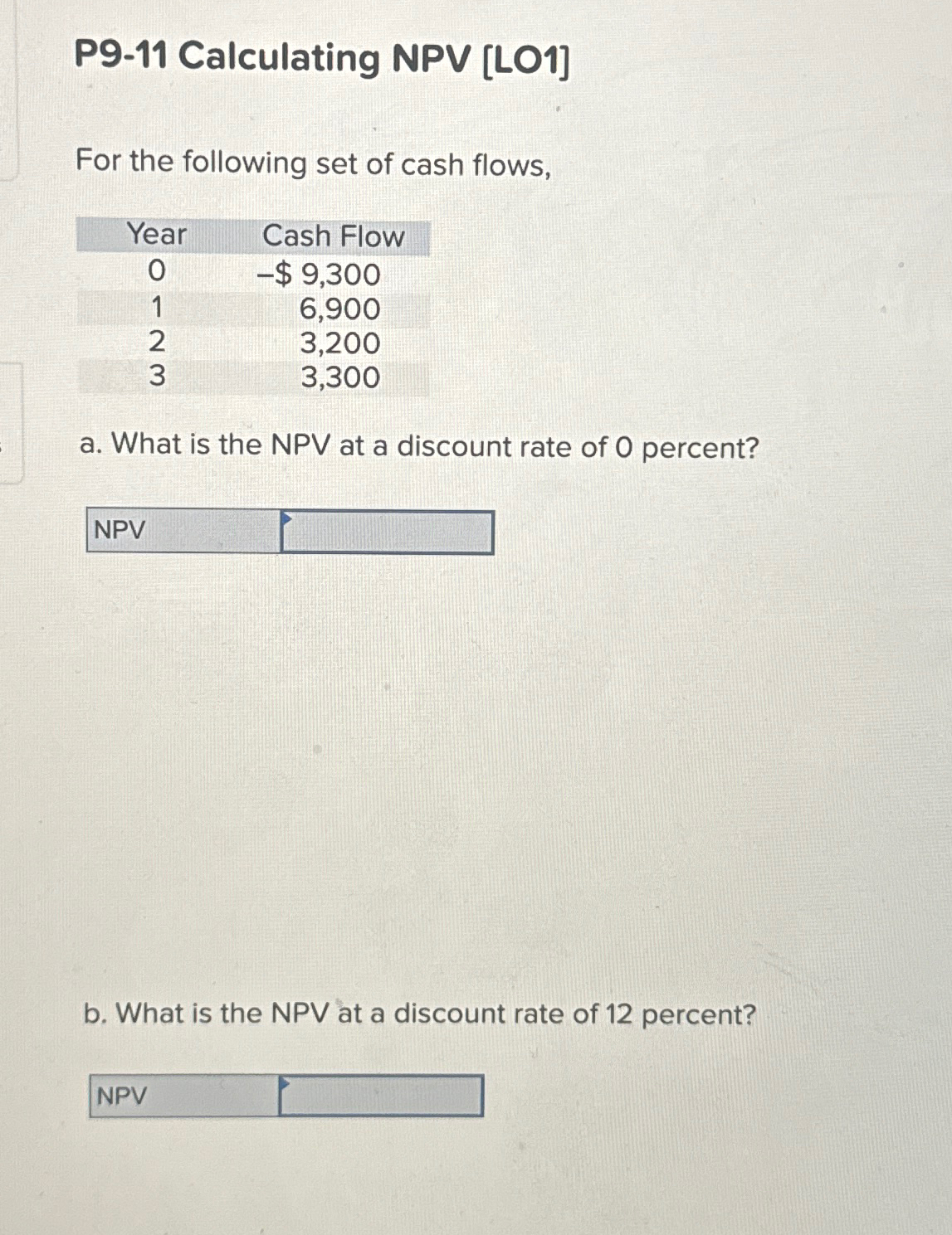 Solved P9-11 ﻿Calculating NPV [LO1]For the following set of | Chegg.com