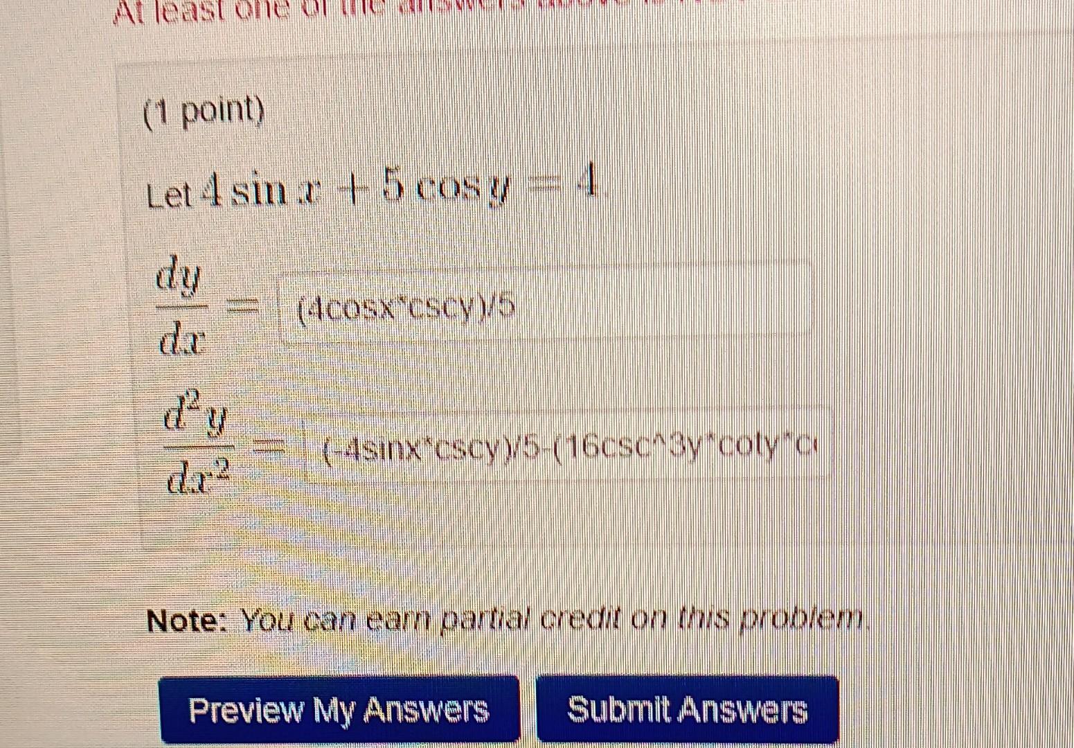 Solved (1 point) Let 4sinx+5cosy=4 | Chegg.com