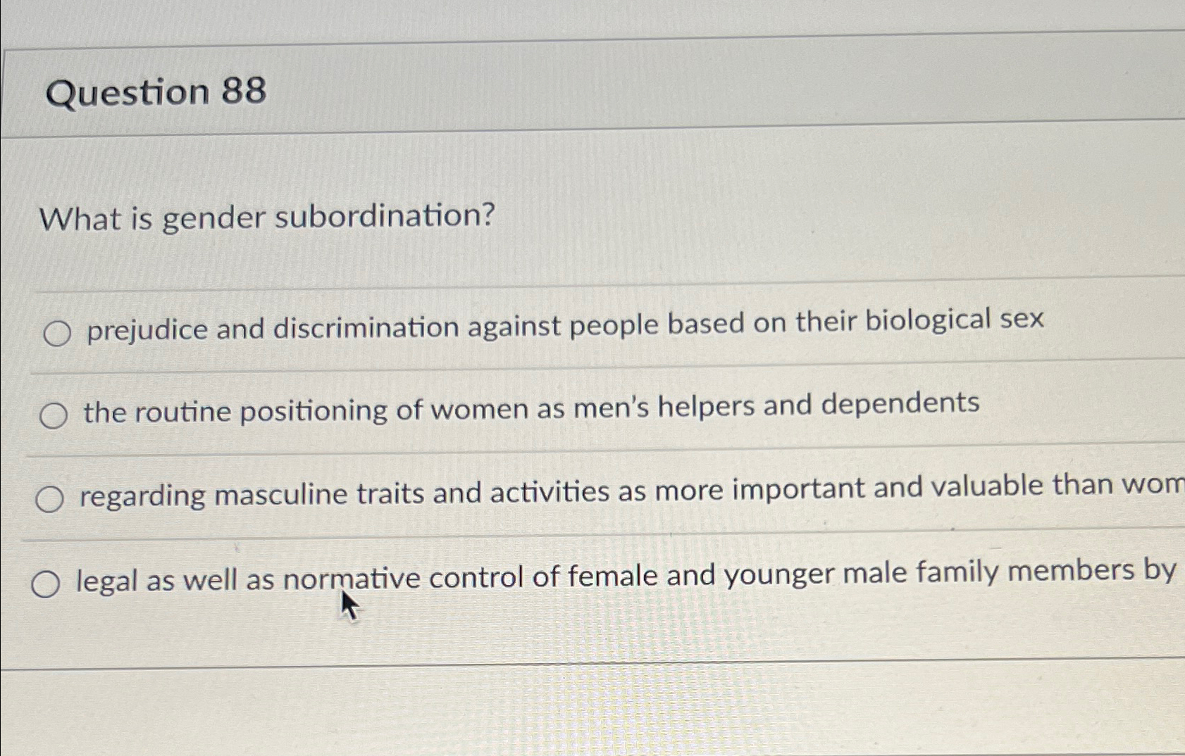 Solved Question 88What is gender subordination? ﻿prejudice | Chegg.com
