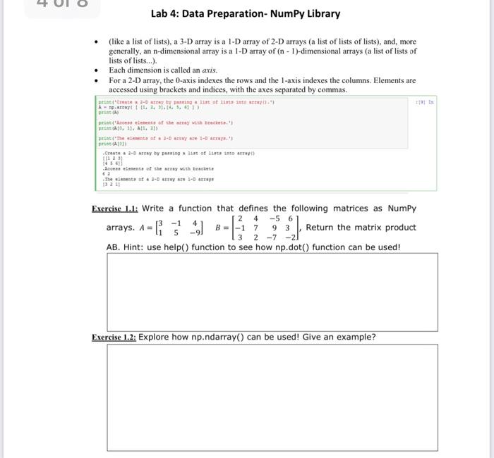 Solved 4 o Lab 4: Data Preparation- NumPy Library (like a | Chegg.com