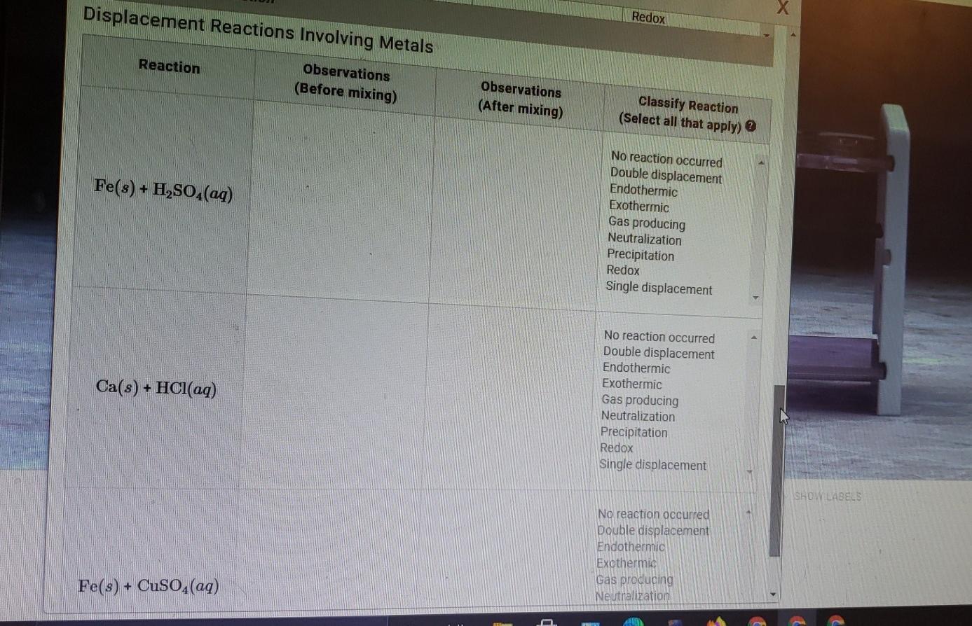 Solved Displacement Reactions involving Metals Redox | Chegg.com