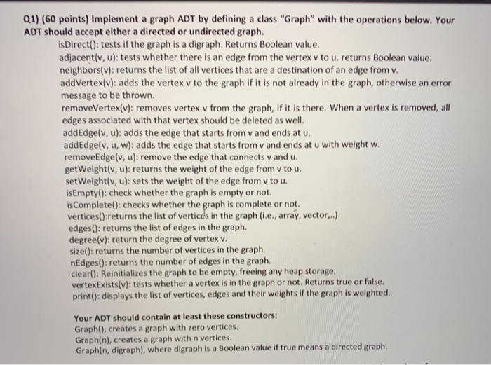 Q1) (60 points) Implement a graph ADT by defining a | Chegg.com Q1) (60 points) Implement a graph ADT by defining a | Chegg.com