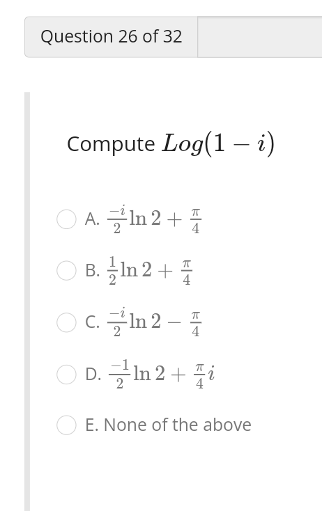 Solved Compute log(1−i) A. 2−iln2+4π B. 21ln2+4π C. | Chegg.com