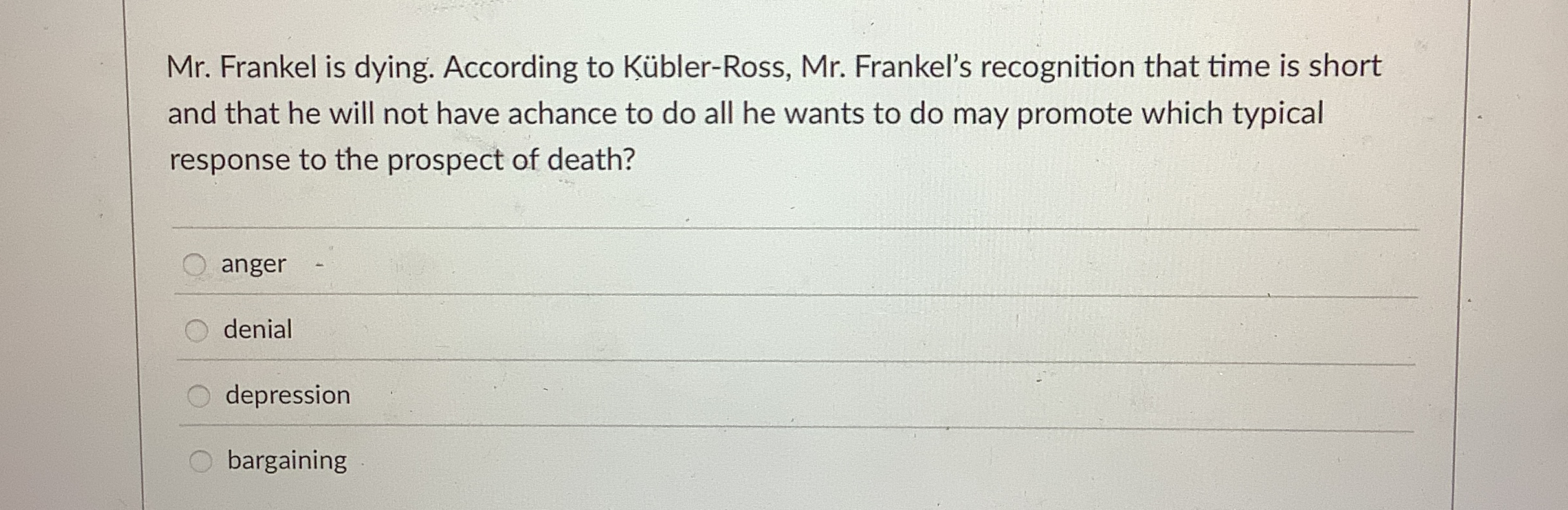 Solved Mr. ﻿Frankel is dying. According to Kübler-Ross, Mr. | Chegg.com