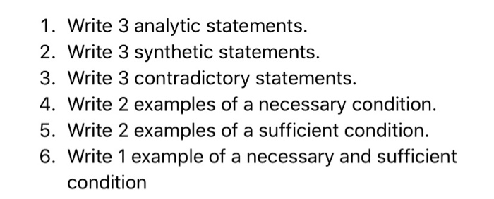 Solved 1. Write 3 analytic statements. 2. Write 3 synthetic | Chegg.com