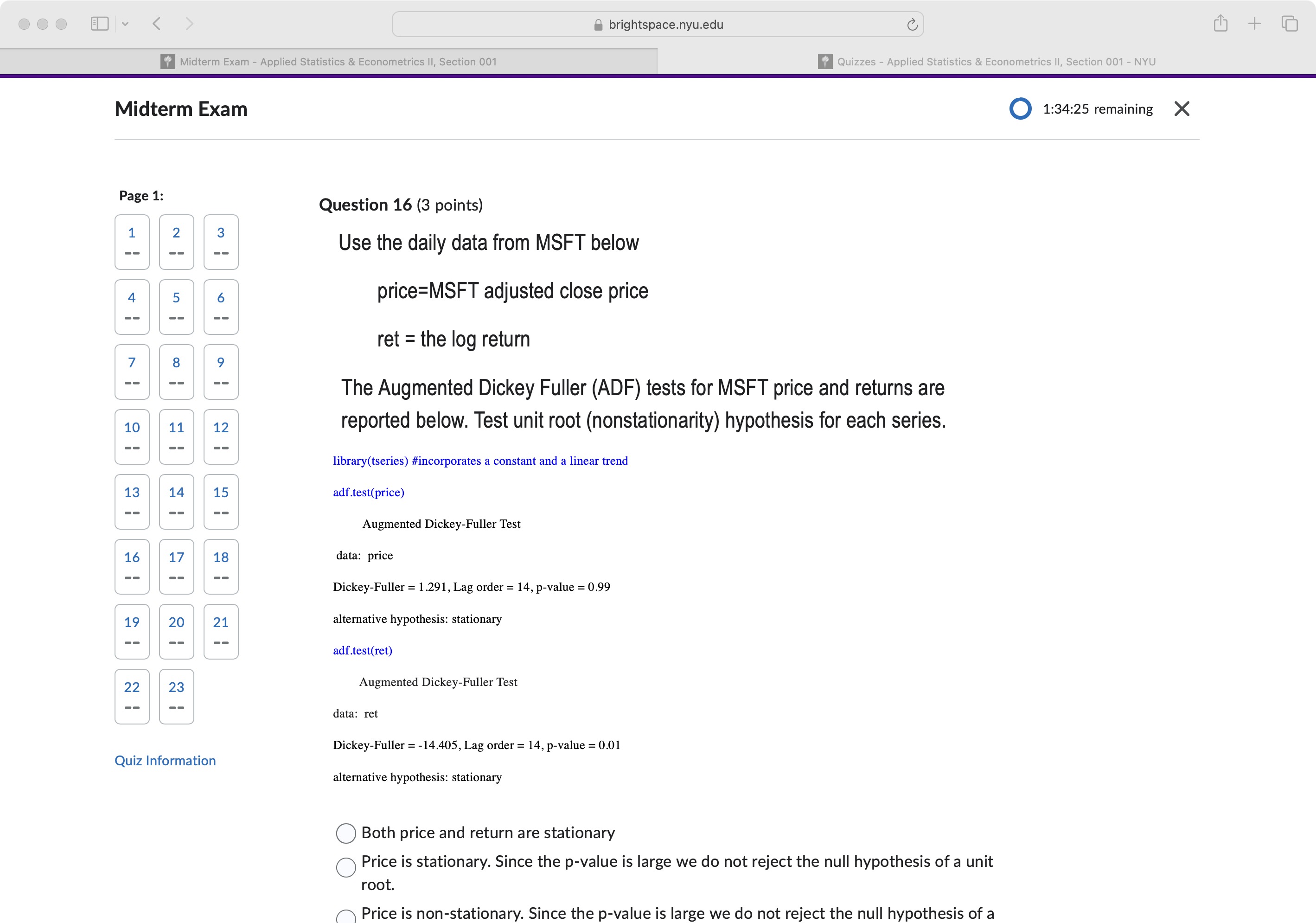Solved Question 16 (3 ﻿points)Use the daily data from MSFT | Chegg.com