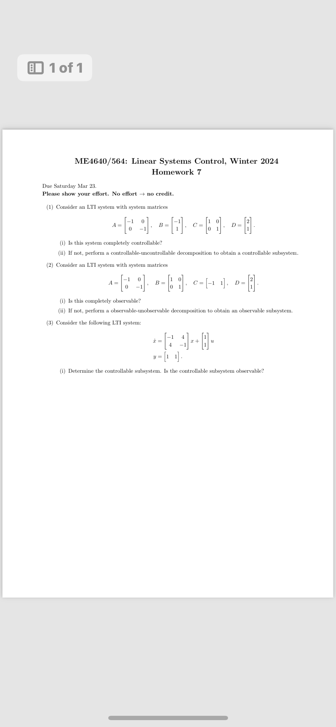 Solved ME4640/564: Linear Systems Control, Winter | Chegg.com