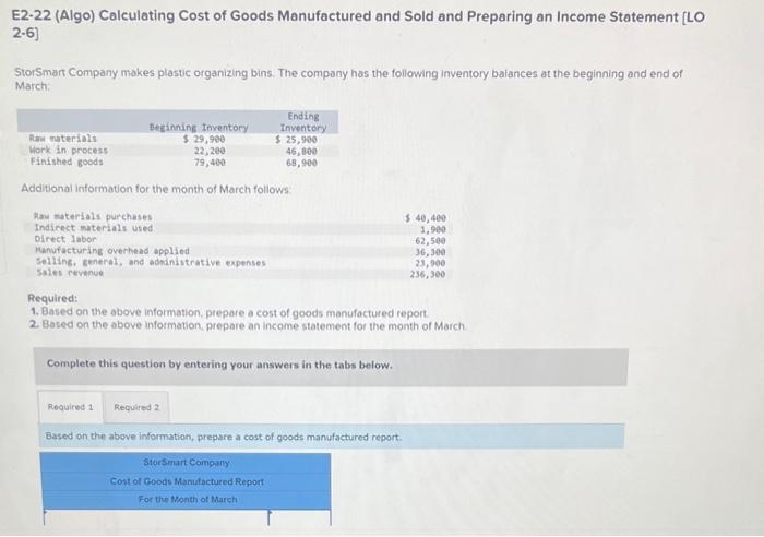 Solved E2-22 (Algo) Calculating Cost of Goods Manufactured | Chegg.com