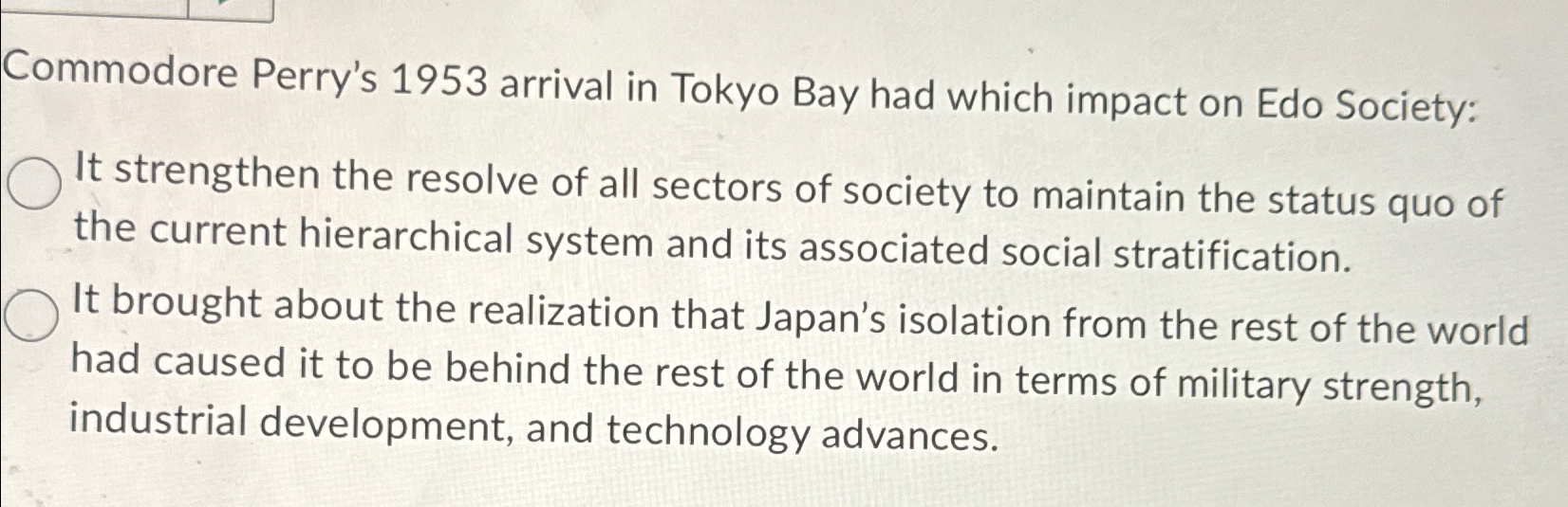 Solved Commodore Perry's 1953 ﻿arrival in Tokyo Bay had | Chegg.com