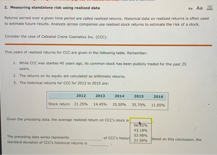 Solved 2. Measuring standalone risk using realized data Aa | Chegg.com