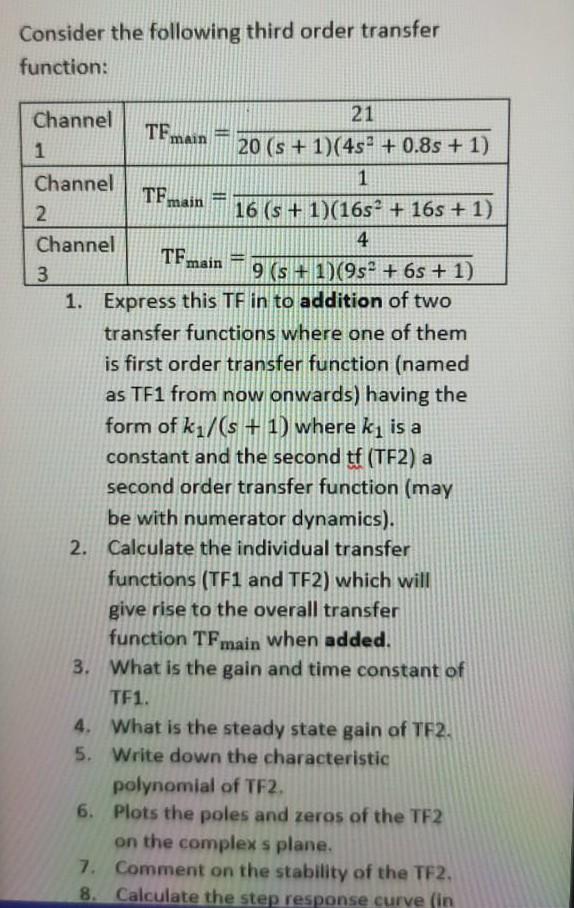 Solved Consider the following third order transfer function: | Chegg.com