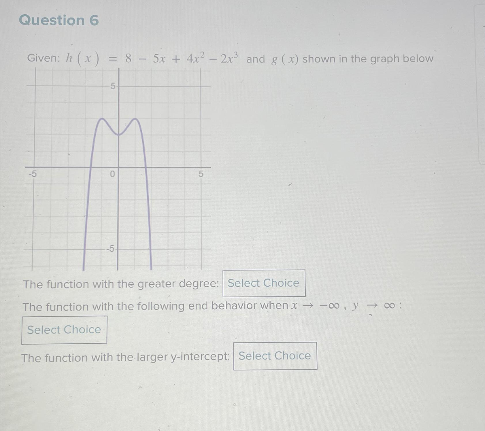 Solved Question 6Given: h(x)=8-5x+4x2-2x3 ﻿and g(x) ﻿shown | Chegg.com
