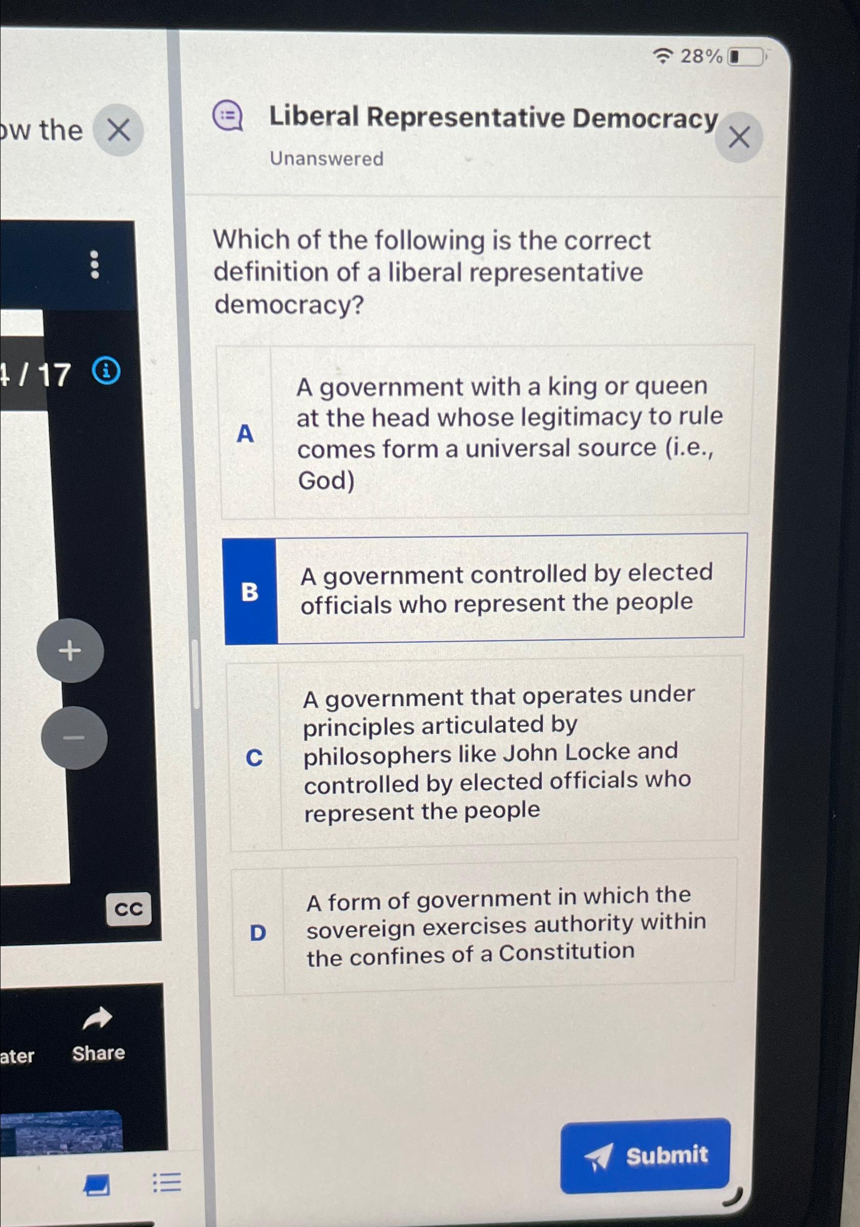 Solved ล 28%Liberal Representative DemocracyUnansweredWhich | Chegg.com