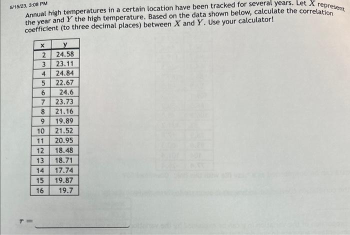 Solved 5/15/23, 3:08 PM Annual high temperatures in a | Chegg.com