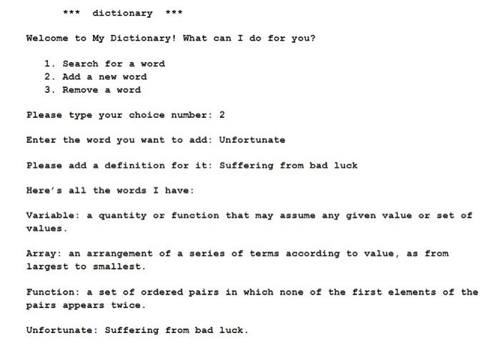 Solved Python: Create a dictionary that can add word, remove | Chegg.com