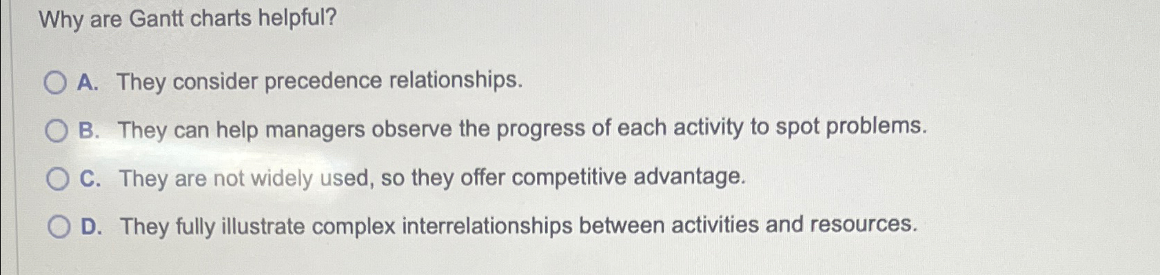 Solved Why are Gantt charts helpful?A. ﻿They consider | Chegg.com