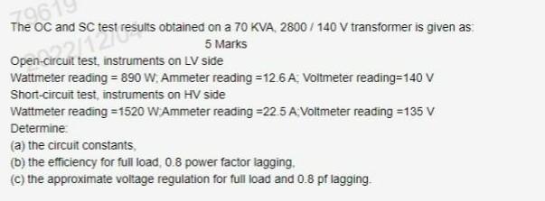 Solved The OC and SC test results obtained on a | Chegg.com