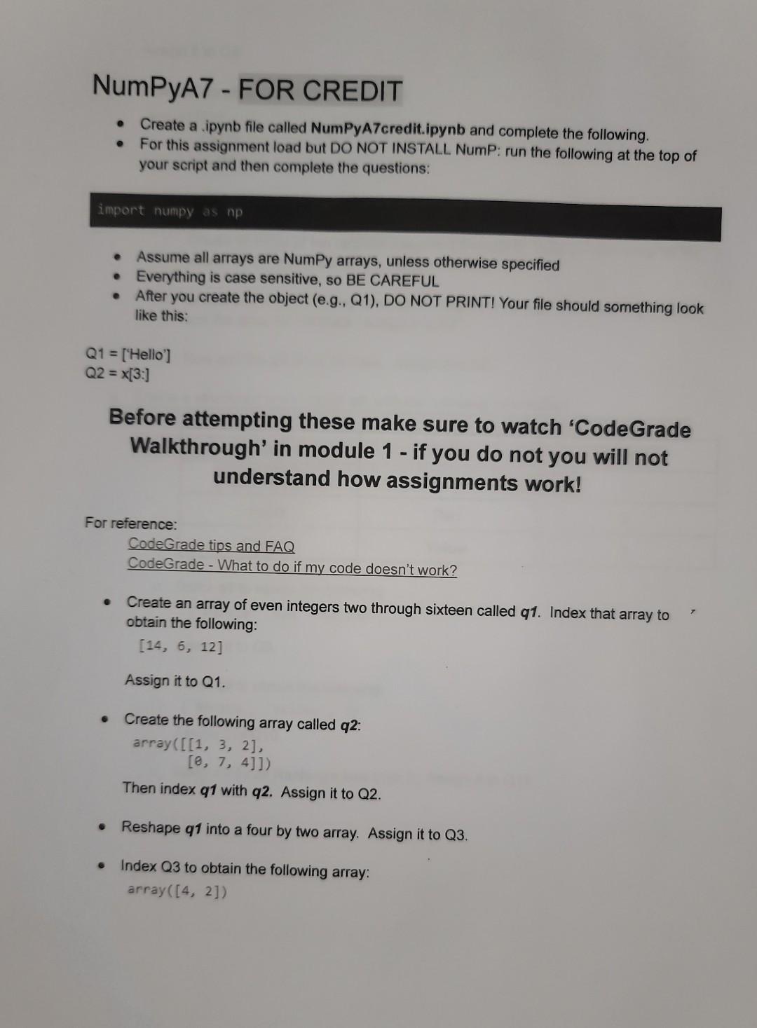 NumPyA7 - FOR CREDIT - Create a .ipynb file called | Chegg.com