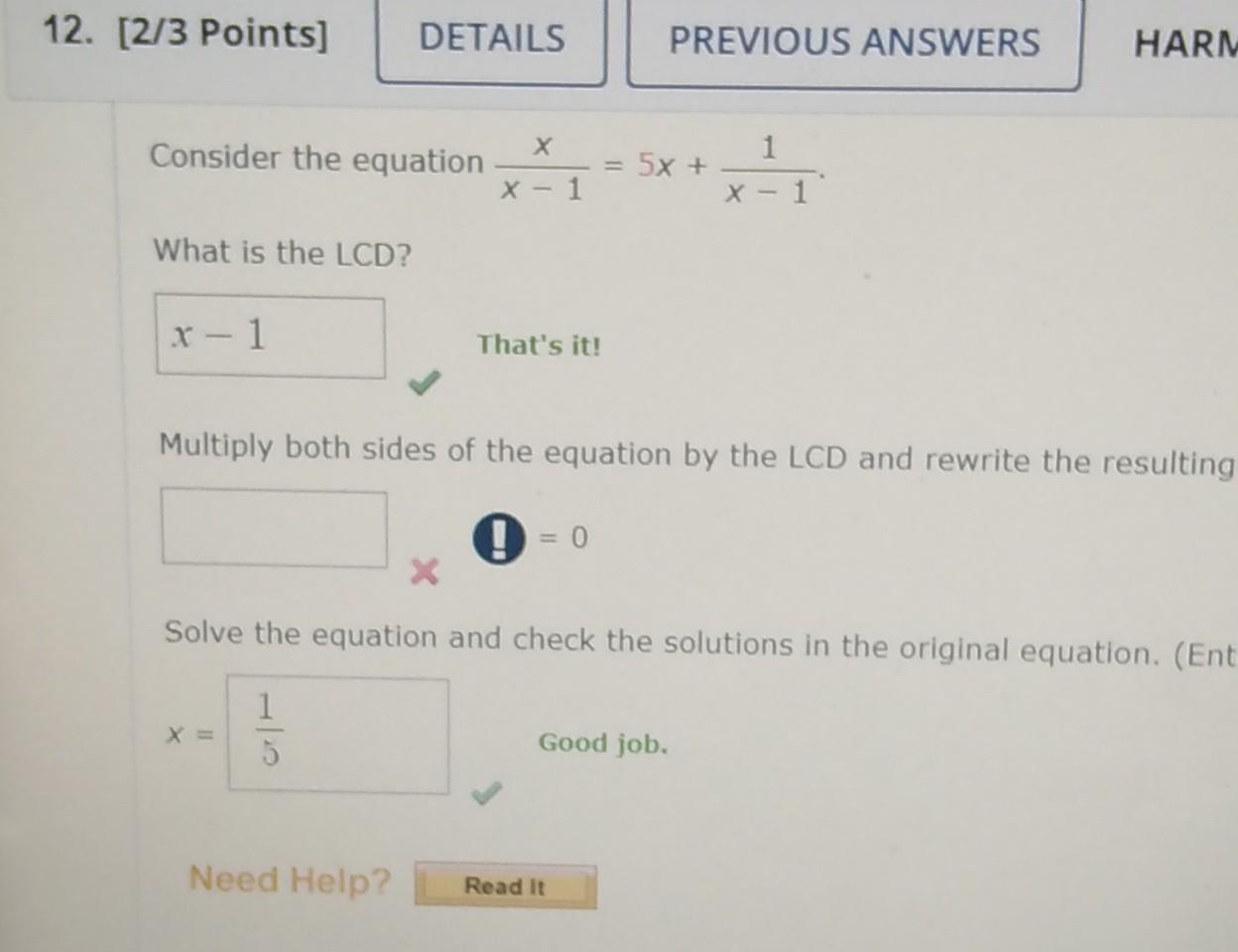 Solved Consider the equation x−1x=5x+x−11 What is the LCD? | Chegg.com