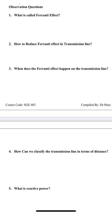 Solved Observation Questions 1. What is called Ferranti | Chegg.com