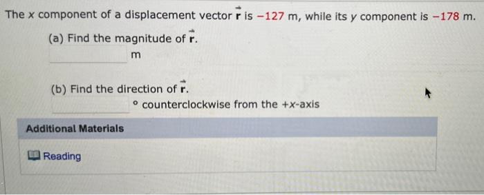 Solved The x component of a displacement vector r is −127 m, | Chegg.com