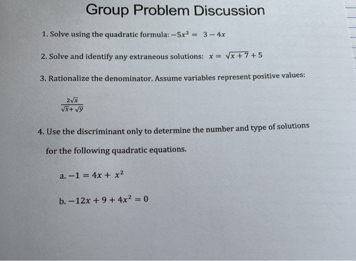 Solved Group Problem Discussion 1. Solve using the quadratic | Chegg.com