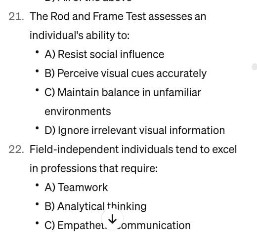 Solved The Rod and Frame Test assesses an individual's | Chegg.com