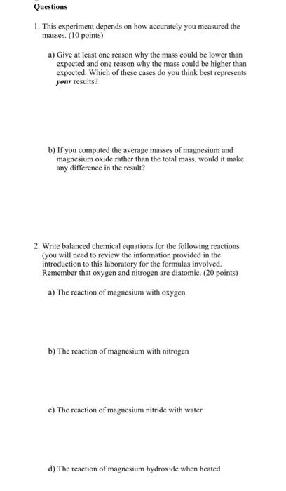 Solved 1. Mass of Empty Crucible and Magnesium (10 points) | Chegg.com