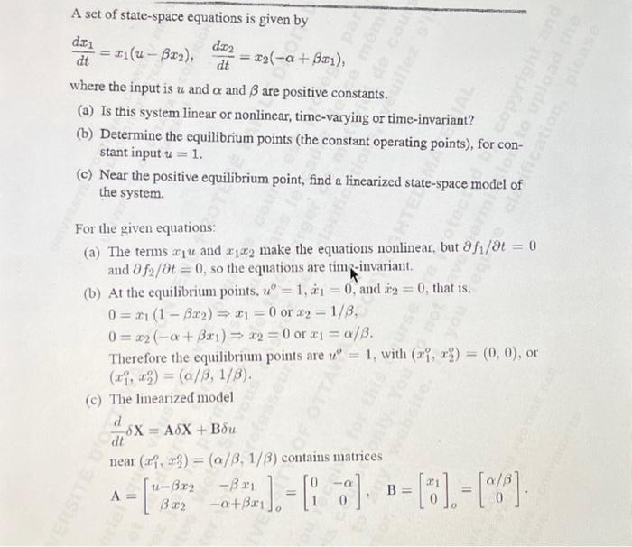 Solved A set of state-space equations is given by dx₁ dx2 dt | Chegg.com