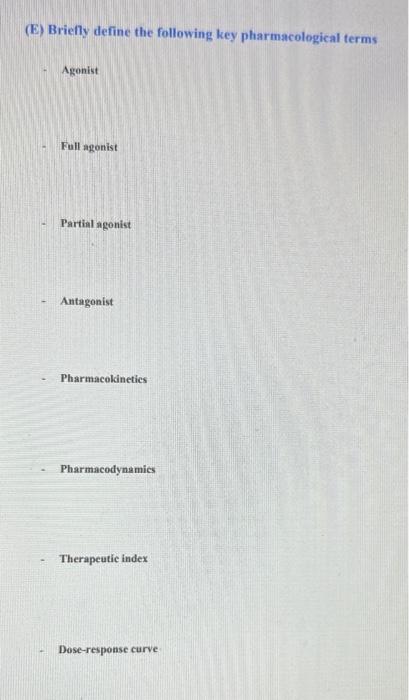 Solved (E) Briefly define the following key pharmacological | Chegg.com